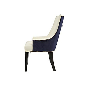 Iconic Home Cadence Dining Side Chair Button Tufted PU Leather Velvet Polished Brass Nailheads Espresso Finished Wooden Legs, Navy – White, Modern Transitional