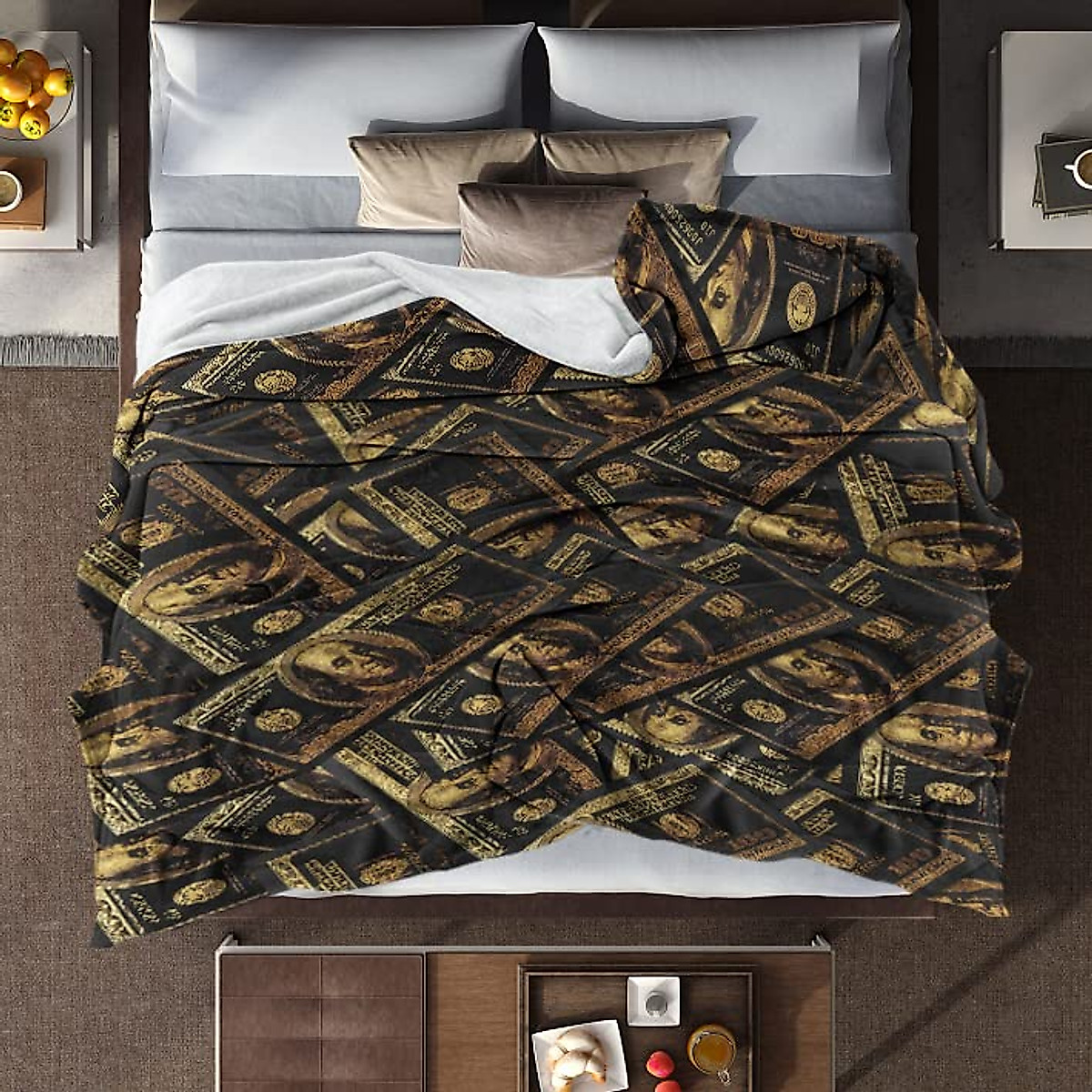 GUBIYU Black Gold 100 Dollar Bill Print Flannel Blankets Lightweight Soft Cozy Fuzzy Bed Blanket Throw Polyester Money Pattern Decorative Blanket for Sofa Couch Bed Chair for Men Gift (70 x 80 Inches)