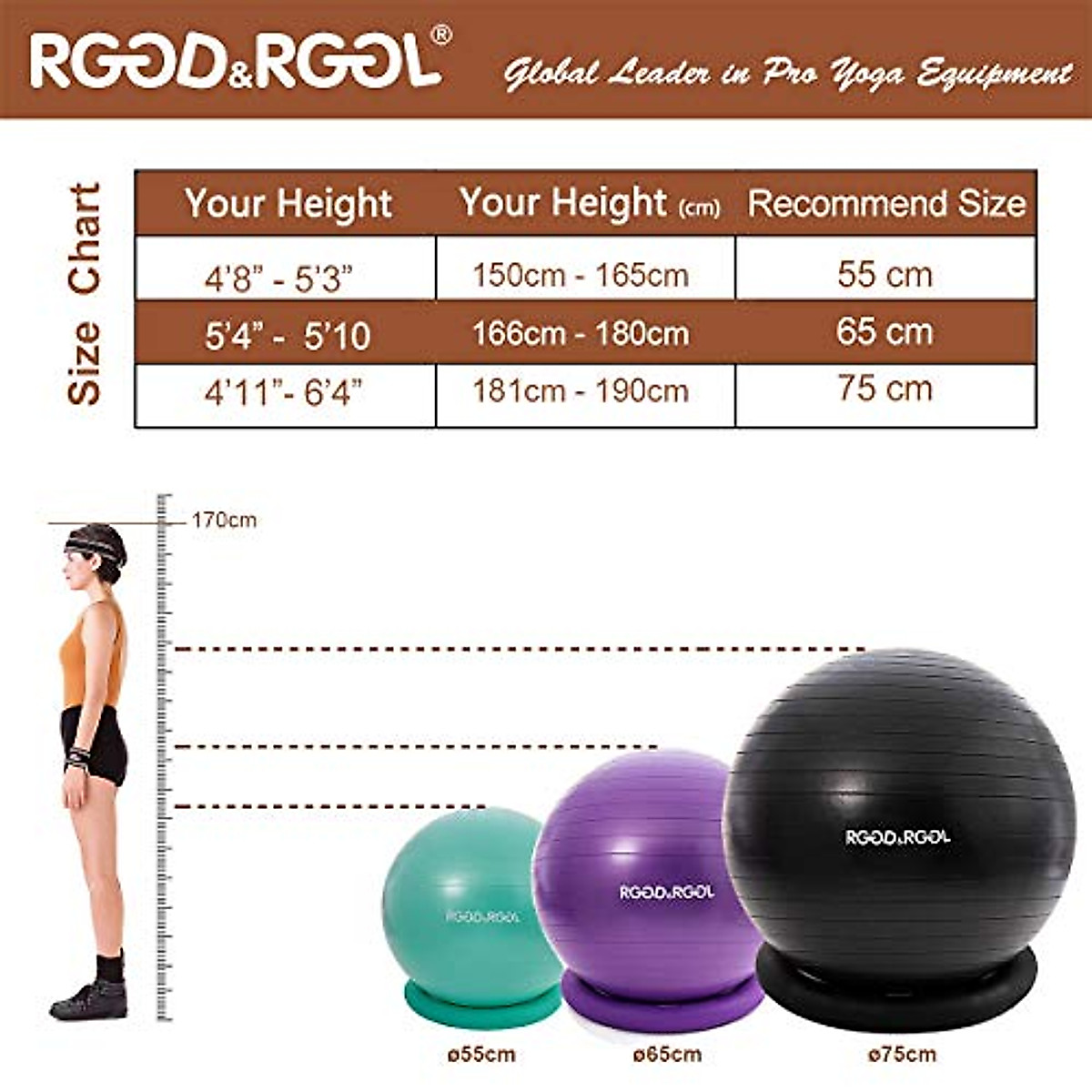 RGGD&RGGL Exercise Ball Chair(55-75cm), Extra Thick Yoga Ball with Stability Ring, Workout Guide,Anti-Burst Balance Ball for Workout and Fitness (Sliver, 55cm)