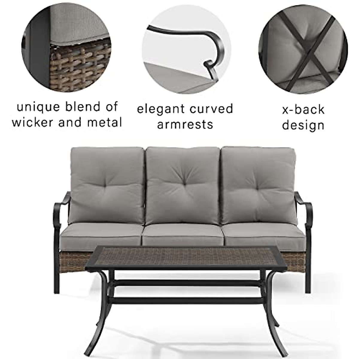Crosley Furniture KO70350MB-TE Dahlia Outdoor Metal and Wicker 2-Piece Sofa Set (Sofa, Coffee Table), Matte Black with Taupe Cushions