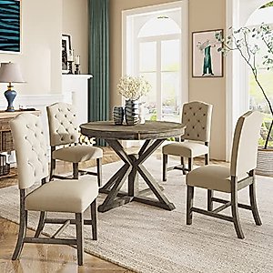 JIVOIT Retro Style Round Dining Table Set, Extendable Table and 4 Upholstered Chairs Set, Wood 5 Piece Kitchen Set with X-Shaped Base and Rubber Wood Legs for Dining Room (Natural Wood Wash 5)