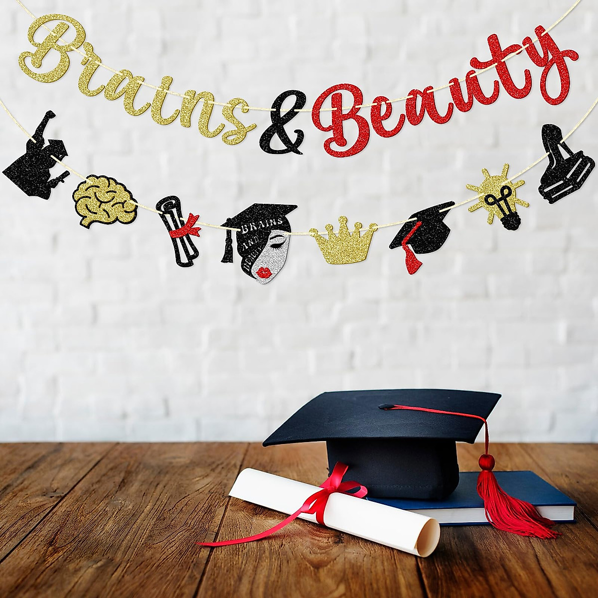 Brains And Beauty Banner, Pre-strung Graduation Banner, Graduation Party Decorations for Graduation Girls, Graduation Woman