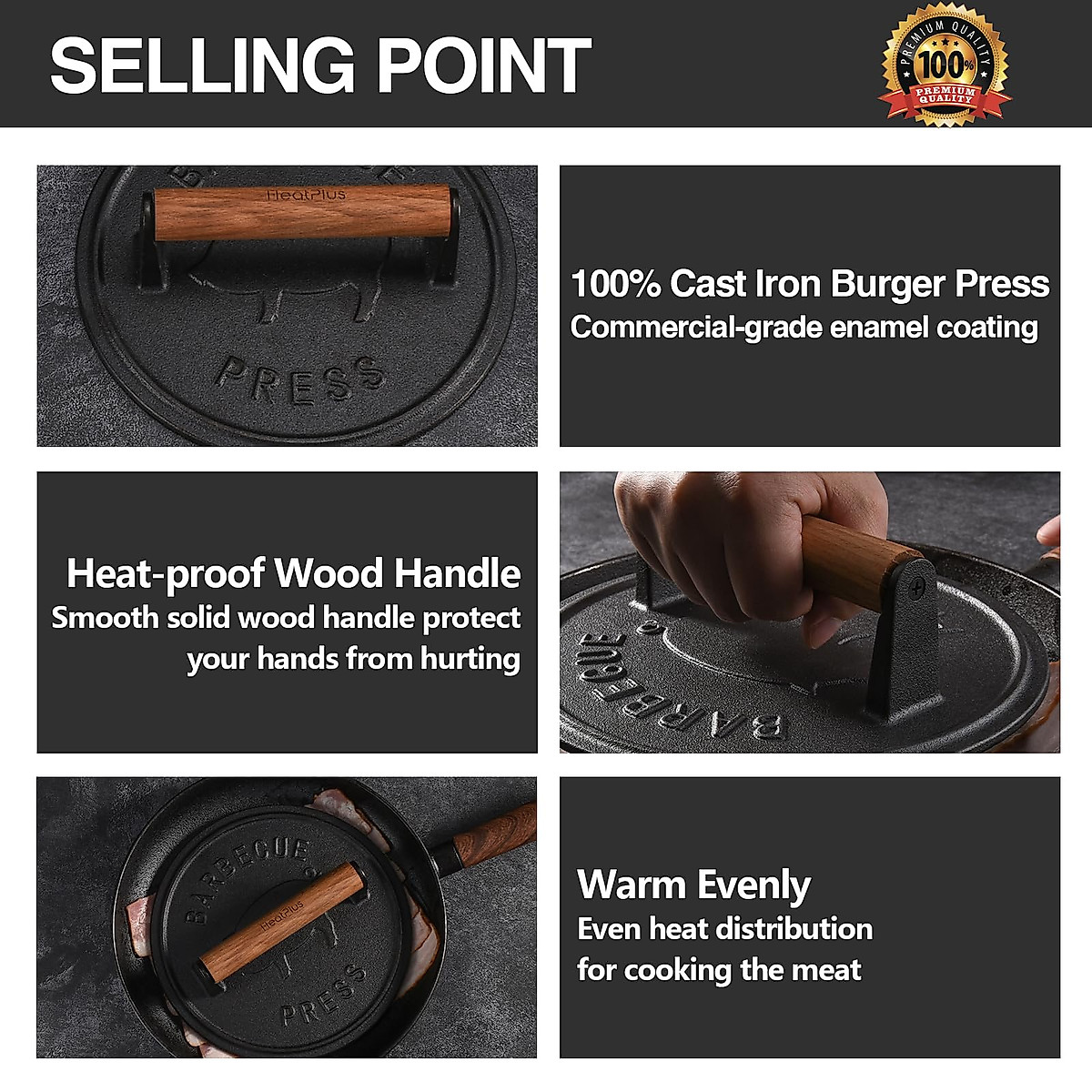 Burger Press,8.5 Inch Smash Bacon Press Heavy-Duty Cast Iron Burger Smasher 3lbs & 8.2 Inch Rectangle Grill Press 2lbs for Hambergur,Panini,Steak & Sandwiches,Food-Grade Press with Wood Handle