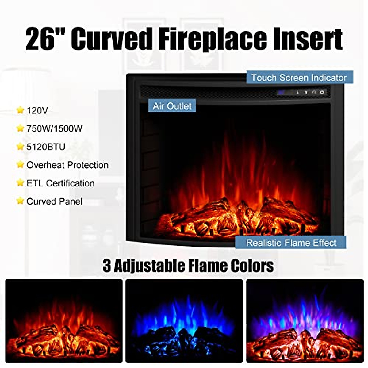 AMERLIFE Curved Fireplace TV Stand with 26" Curved Electric Fireplace, Media Entertainment Center Farmhouse Glass Door Storage Cabinet, Open Shelve Console Table for TVs up to 65", Espresso