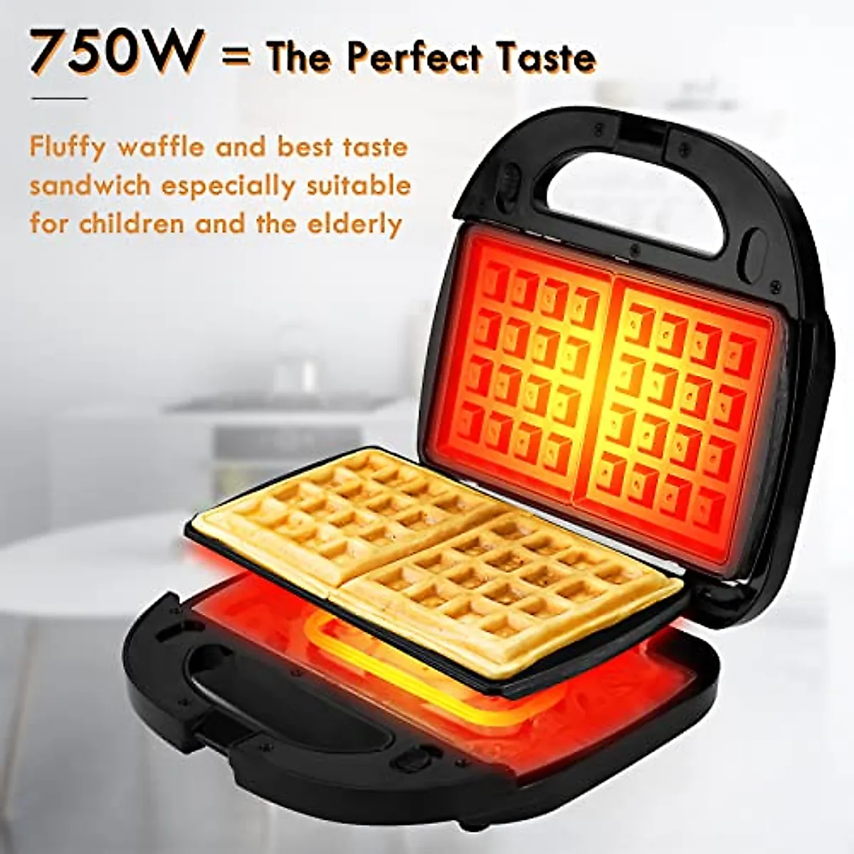 ORFELD Sandwich Maker, Waffle Maker, Panini Press Grill 3 in 1, with Non-Stick Removable Plates, Fast and Even Heating, Portable Handle, LED Indicator Lights, for Breakfast and Christmas Gift, Silver
