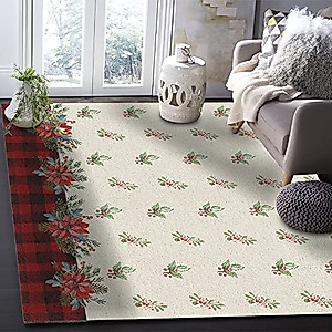 Indoor Area Rug - Welcome Mat Living Room Area Rugs Washable Non-Slip Floor Carpet for Bedroom Farmhouse Dorm (Merry Christmas Red Poinsettia Berries Burlap Red Plaid, 5'x8')