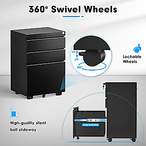Pataku 3 Drawer Mobile File Cabinet with Lock, Under Desk Metal Filing Cabinet for Legal/Letter/A4 File, Fully Assembled Rolling File Cabinet Except Wheels, Black