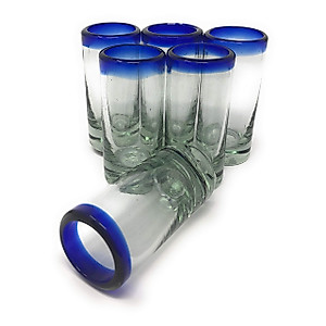 Hand Blown Mexican Tequila Shot Glasses – Set of 6 Cobalt Blue Rim Tequila Shot Glasses (2 oz each)