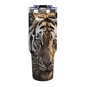 LLUTSNTH 40 Oz Vacuum Tumbler with Light Rose Red Handle Leakproof Insulated Tumbler Animal Tiger Stainless Steel Travel Mug with Lid And Straw Coffee Cup Cute Water Bottles Cup Holder Friendly