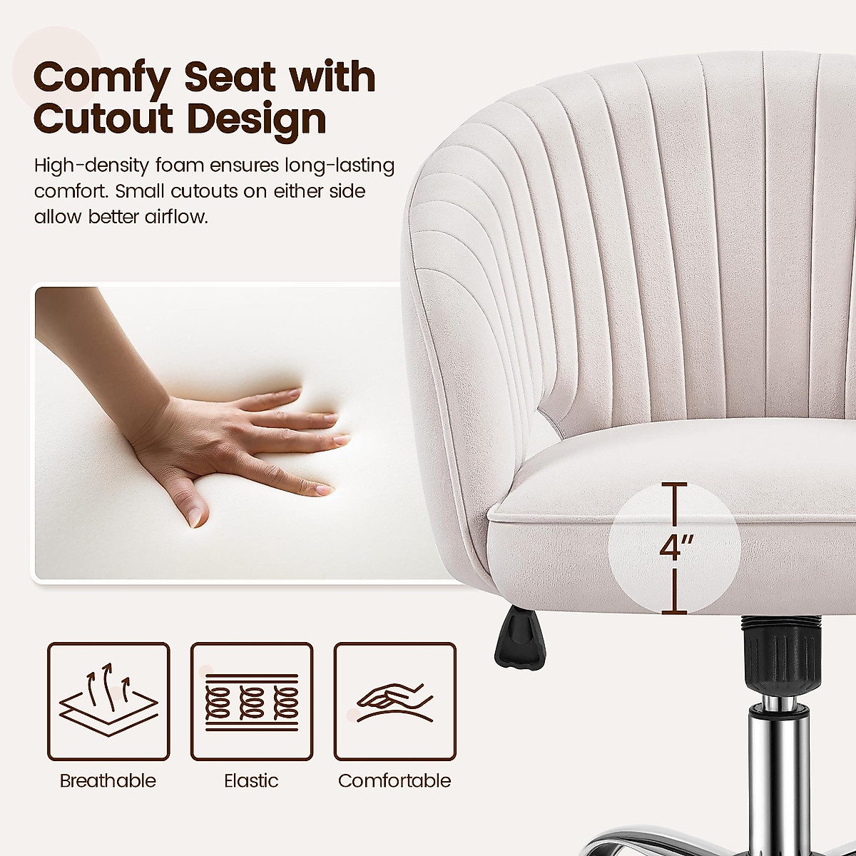 Yaheetech Cute Desk Chair Velvet Chair Vanity Chair with Wheels Home Office Chair Upholstered Modern Swivel Chair with Tufted Barrel Back for Study, Vanity, Bedroom Cream