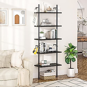 Bestier 70" Ladder Shelf Wall Mounted Industrial 5 Tier Bookshelf Plant Flower Shelf with Round Metal Tube 2 Hooks for Wall Storage Display in Home Office,Kitchen,Bathroom,Black