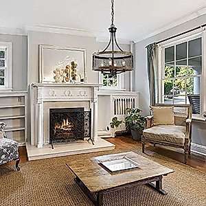 LALUZ Farmhouse Chandelier, Dining Room Light Fixture, Drum Chandeliers, 16” Width, Oil Black & Wood Painted Finish