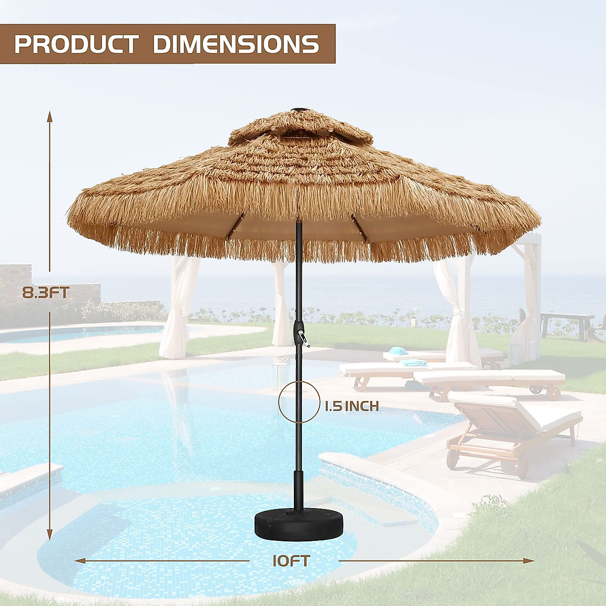 HYD-Parts 10FT Double Top Thatched Patio Umbrella Outdoor Hawaiian Style Beach Tiki Umbrella with Solar LED light & Crank for Patio, Pool, and Beach