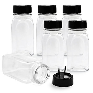 RoyalHouse 6 Pack 9.5 Oz Plastic Spice Jars with Black Cap, Clear and Safe Plastic Bottle Containers with Shaker Lids for Storing Spice, Herbs and Seasoning Powders, BPA Free, Made in USA