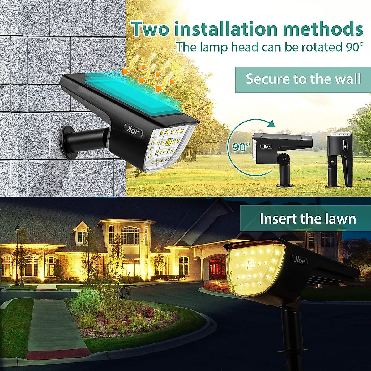 Jior Solar Landscape SpotLights Outdoor 32 LED IP65 Waterproof Solar Powered Wall Lights 2-in-1 Adjustable Lights for Garden Yard Driveway Walkway Pool Patio 4 Pack (Cold White)