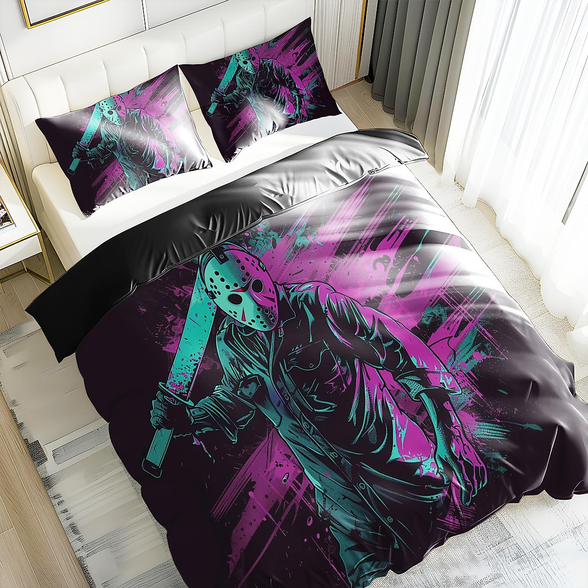 Horror Movie Printed Duvet Cover Horror Bedding Set Killer Demon Halloween Quilt Cover for Teens Adult Room Decoration (style3,Full 79x90in + 20x30in)