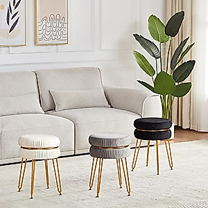 Soohow Velvet Vanity Chair for Makeup Room, Upholstered Foot Stool Vanity Stool, 360° Swivel Round Ottoman Foot Rest Makeup Chair, Vanity Bench Foot Stools Ottoman with Metal Legs for Living Room