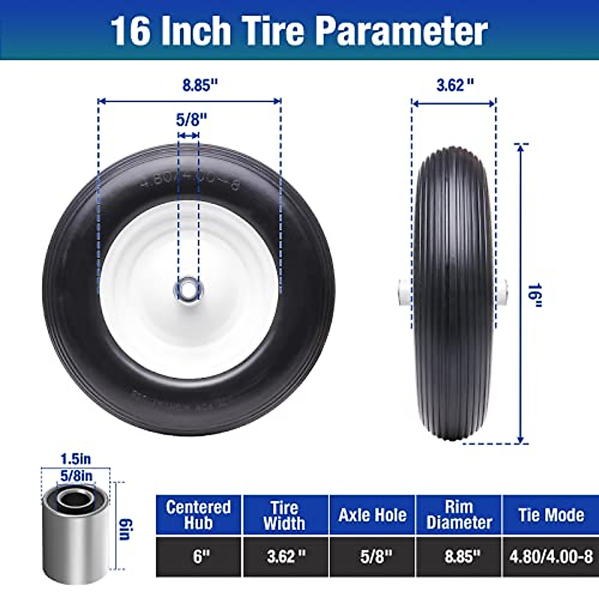 BAIVE BW 16" 4.80/4.00-8 Flat Free Solid Polyurethane Tire and Wheel, 1 Pack PU Airless Tires with 5/8" Ball Bearings 6" Iron Hub for Wheelbarrow/Hand Truck/Tool Cart/Garden Carts, 1 Pack
