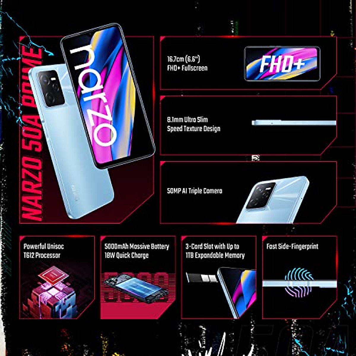 realme Narzo 50A Prime Dual-SIM 64GB ROM + 4GB RAM (GSM Only | No CDMA) Factory Unlocked 4G/LTE Smartphone (Flash Blue) - International Version