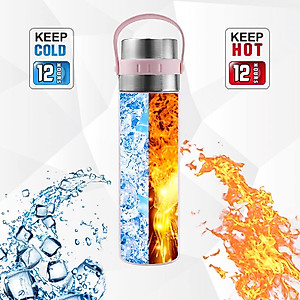 Vacuum insulated Bottle with cup 580ml/20oz Stainless Steel Thermo Bottles for Hot and Cold drink coffee water thermo flask with cup.(580ml,Pink)