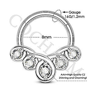 COCHARM Minimalist Septum Ring 16G Silver Flower Septum Nose Rings Clear CZ Helix Daith Earrings for Women Men Dainty Sparkly Helix Daith Piercing Jewelry Surgical Steel