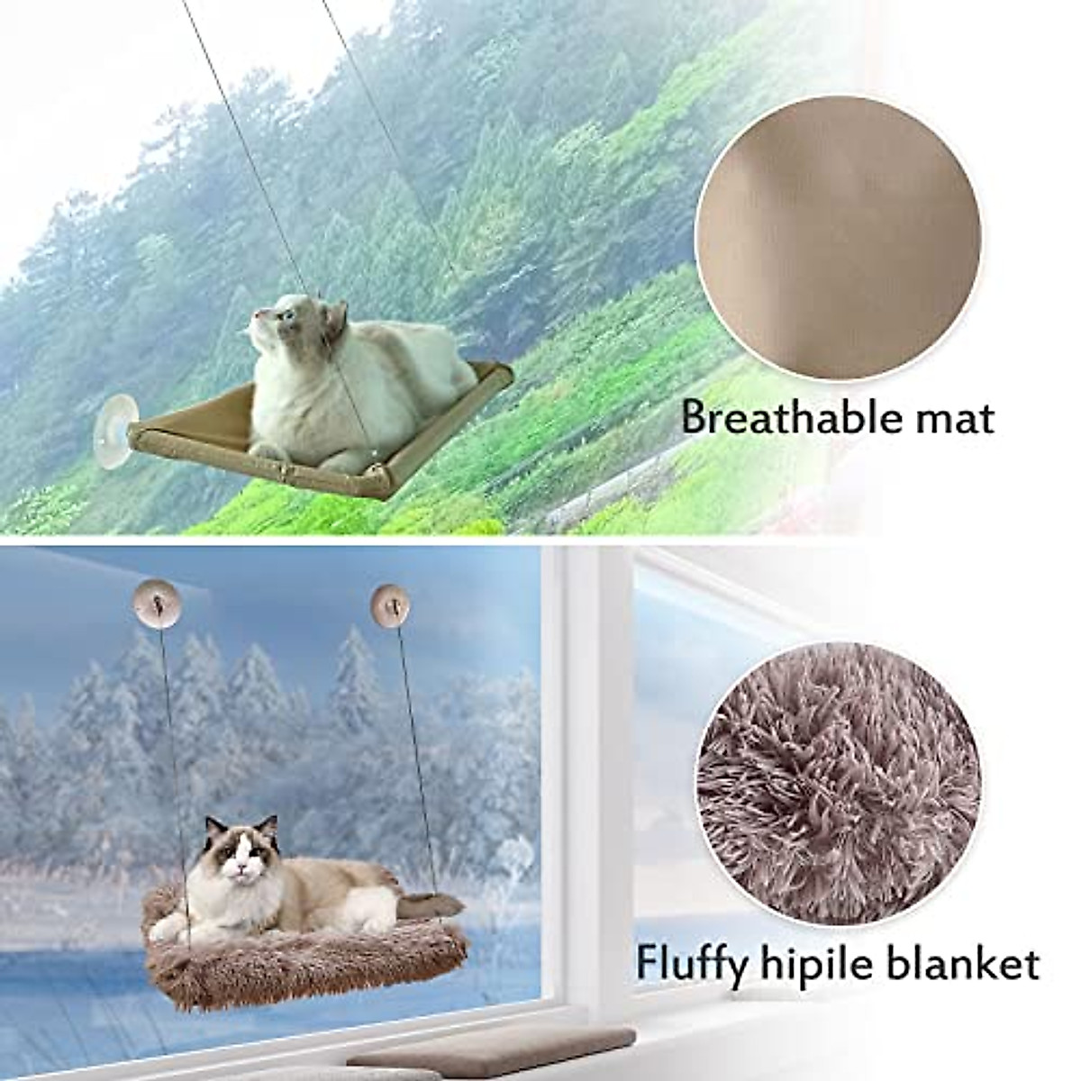 HlinZoom Cat Window Hammock, Cat Window Perch with Fluffy Blanket, Easy to Assemble Cats Window Resting Seat for Sunbathe Indoor