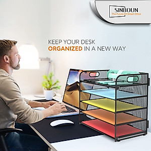 Sinboun Letter Tray Paper Organizer 5-Tier Mesh Desk File Organizer Paper Sorter Holder with Handle, Metal Desktop Document Shelf Tray for Letter/A4 Office Organization - Black