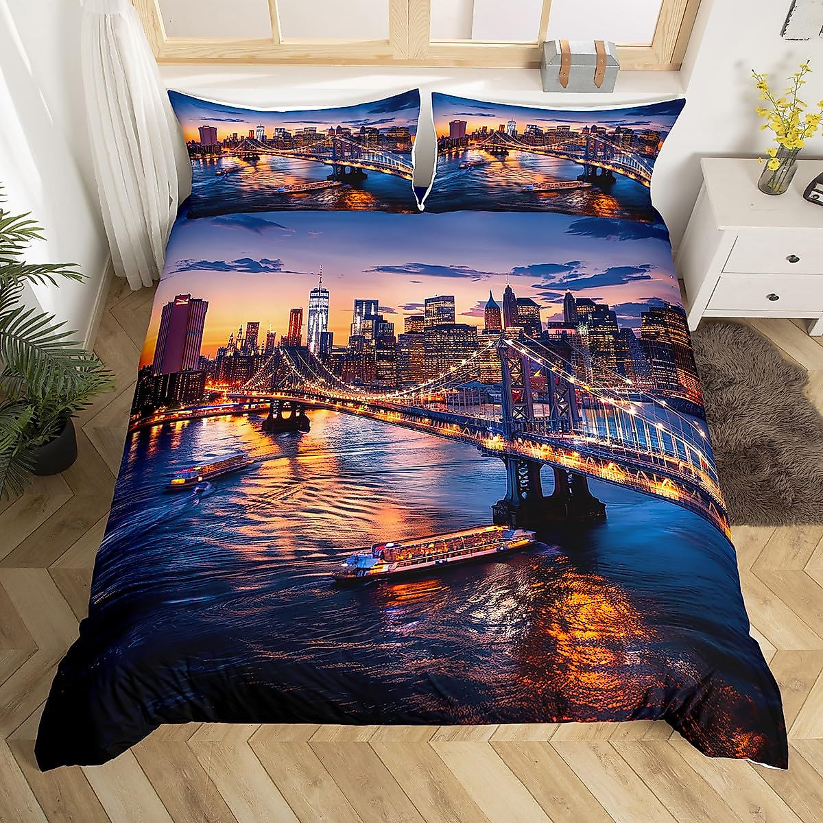 New York City Bedding Set Cityscape Duvet Cover King Size,Manhattan Skyline Comforter Cover Bridge Sunset Scenery Quilt Cover City Lights Bedroom Decor for Boys Girls Youth