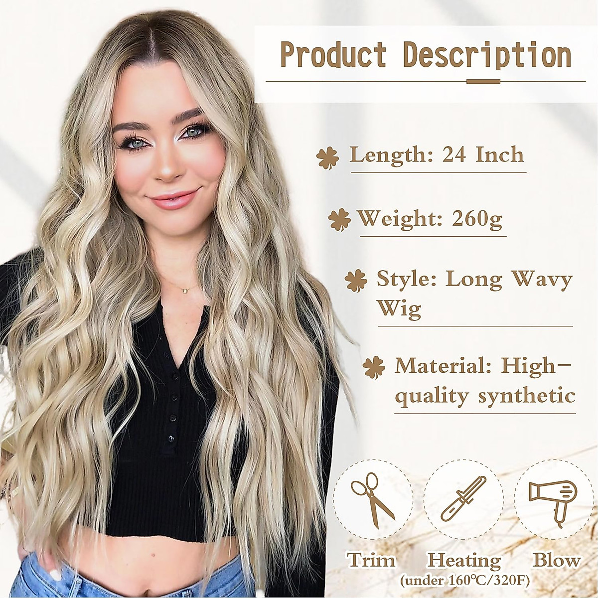 HANYUDIE Ombre Blonde Wig Long Wavy Wig For Women Middle Part Wavy Wigs Synthetic Heat Resistant Party Wigs (Ombre Ash Blonde)