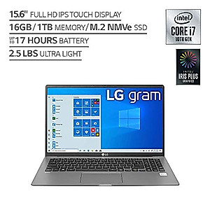 LG Gram 15Z90N Laptop 15.6" IPS Ultra-Lightweight, (1920 x 1080), 10th Gen Intel Core i7, 16GB RAM, 1TB SSD, Windows 10 Home, USB-C, HDMI, Headphone Input - Silver