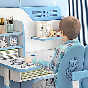 tulkdexi Kids Desk and Chair Set, Children School Study Table Chair Set, Ergonomic Desk Chair with Large Writing Board, Bookshelf and Drawer Blue, 3888198