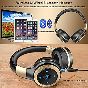 WESADN Active Noise Cancelling Headphones Bluetooth Headphones Wireless Wired Over Ear Headphones with Microphone Foldable Gaming Headset Stereo Bass 20H Playtime for Laptop Smartphone Tablet TV Gold