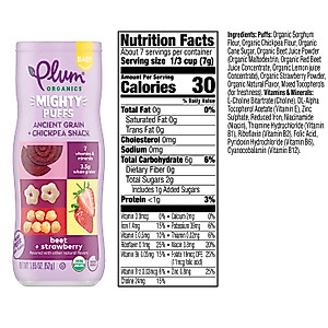 Plum Organics Mighty Puffs Organic Baby Food - Beet and Strawberry - 1.85 oz Canister (Pack of 6) - Ancient Grains and Chickpea Snacks