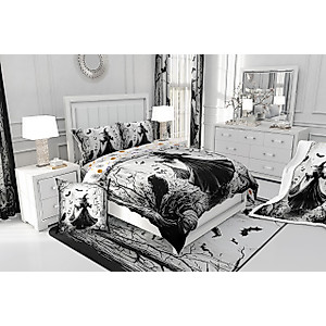 Erosebridal Twin Witch Comforter Cover, Happy Halloween Duvet Cover for Kids Boys Teens Adult Room, Pumpkin Lantern Bedding Set Bat Raven Gothic Spooky Bed Set with 1 Pillow Case, Grey White