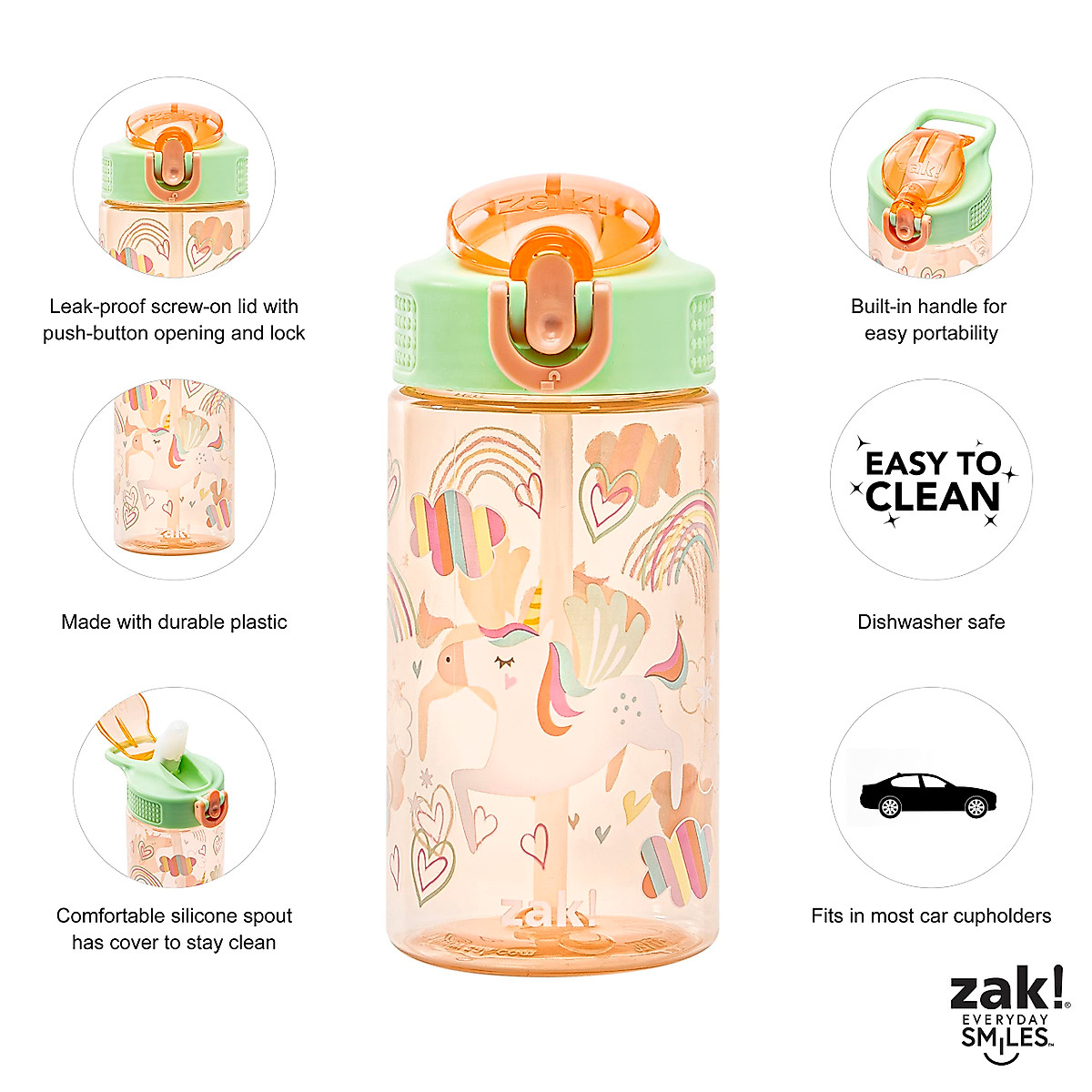 Zak Designs Kids Water Bottle For School or Travel, 16oz Durable Plastic Water Bottle With Straw, Handle, and Leak-Proof, Pop-Up Spout Cover (Unicorn)