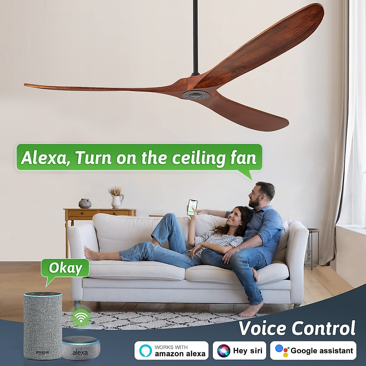 Chriari 70'' Ceiling Fan with Remote/App/Voice Control, Wood Ceiling Fan with 3 Walnut Blades and Reversible DC Motor, Supports 5 Speeds and Smart Timing, Compatible with Alexa/Google Assistant