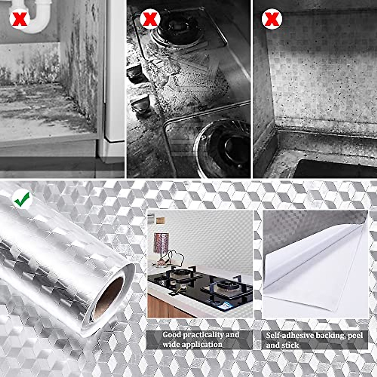 Self-Adhesive Silver Foil Wallpaper for Kitchen, Aluminum Foil Stickers Oil Proof Waterproof, Heat Resistant Wall Sticker for Cabinet Countertops Drawer Liner (15.7 x 196.8 Inch)(0.4 x 5m)