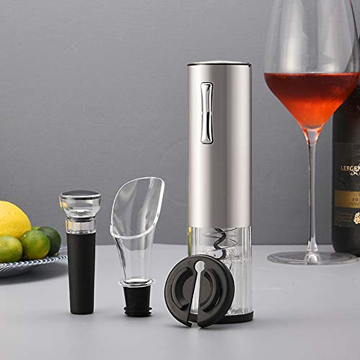 Abuzhen Electric Wine Opener, with Foil Cutter, Vacuum Stopper and Wine Aerator Pourer & USB Charging Cable,Automatic Corkscrew Bottle Opener for Wine Lover 4-in-1 Gift Set, Stainless Steel