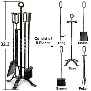 AMAGABELI GARDEN & HOME 5 Pieces Fireplace Tools Sets Wrought Iron Fireplace Set Antique Brass Copper with Poker Tongs Broom Shovel Stand Indoor Fire Place Kit Wood Stove Hearth Accessories Gold