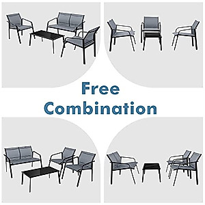 Tangkula 4 Pieces Patio Furniture Set, Outdoor Conversation Set with Tempered Glass Coffee Table, Outdoor Bistro Set with Fabric and Anti-Rust Steel Frame for Garden, Poolside and Backyard (Gray)