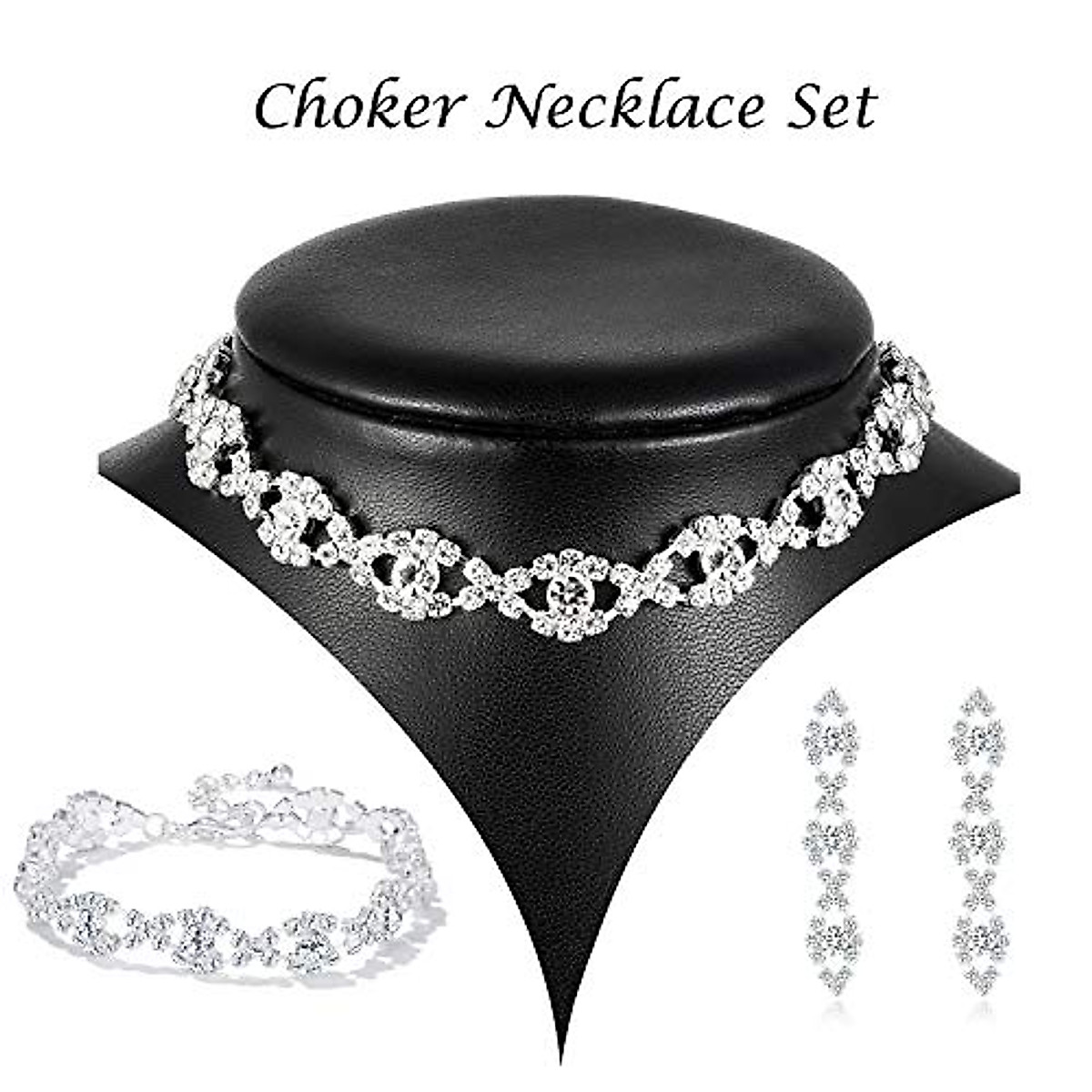 Miraculous Garden 3 Pack Silver Plating Rhinestone Crystal Choker Necklace Link Bracelet Dangle Earrings Jewelry Sets for Women Girls
