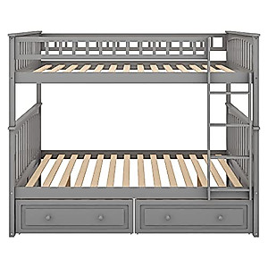 Full Over Full Bunk Bed with 2 Storage Drawers, Wooden Bunk Bed Frame with Guardrails and Ladders for Kids Teens Adults, Can be Convertible into 2 Beds (Bunk Beds Full Over Full, Gray)