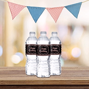 Black and Rose Gold Happy Birthday Water Bottle Labels Stickers/Happy Anniversary Bottle Wrappers/Birthday Party Water Labels Supplies (Set of 32)