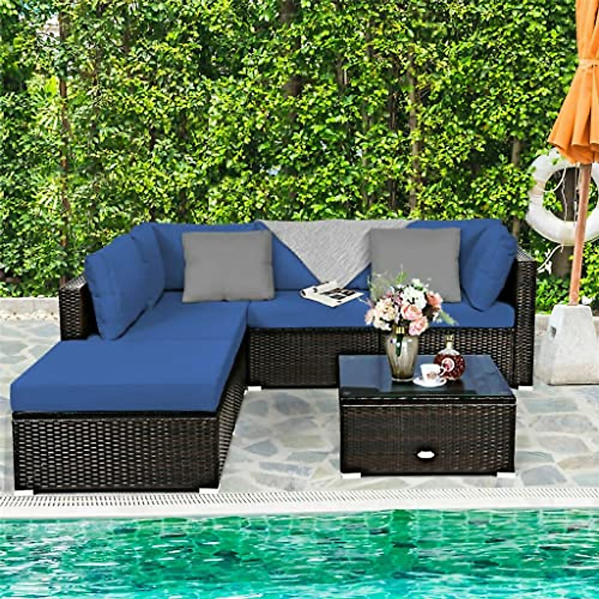 NICEDAYFY 6PCS Outdoor Patio Rattan Furniture Set Cushioned Sectional Sofa Navy for Your Garden, Balcony and Poolside