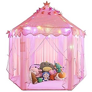 NABIYE Large Princess Tent for Girls, Kids Play Tent with LED Star Lights, 55'' x 53'' (DxH), Princess Toys, Princess Castle for Indoor and Outdoor Games, ASTM&CPC Certified Pink