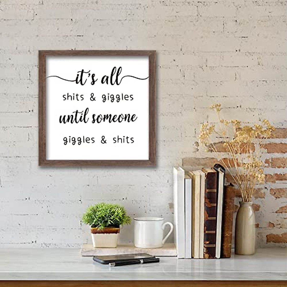 FINGERINSPIRE It's All Shits Art Sign Solid Wood Bathroom Sign with Arylic Layer 7x7 Inch Funny Bathroom Wall Art Large Hangable Wooden Frame for Bathroom Decor