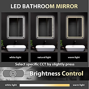 HOMECOOKIN Wall Mount 20x28 inches LED Mirror, Bathroom, Rectangular, Aluminum, Modern, Anti-Fog, Adjustable 3 Colors, Backlit