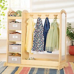 Guidecraft EdQ Dress-up Storage with Bins Natural: Kids Dress Up Rack with Mirror, Shoe Storage Shelf, and Cubbies for Costume and Pretend Play | Toddler Closet, Montessori Wood Bedroom Furniture