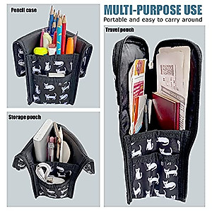 SEESOCUE Standing Pencil Case Large Capacity Pen Bag for Office Adult Big Storage Markers Holder for College Students Pencil Pouch for Girls & Boys School Stationery Organizer (Black Cats)
