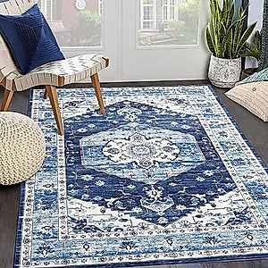 COZYLOOM Ultra-Thin Washable Rug 5x7 Non-Slip Rug Indoor Medallion Distressed Floor Carpet for Living Room Bedroom Oriental Floral Throw Carpet Non-Shedding Foldable Low Pile Floor Cover Blue